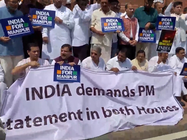 NDA-INDIA Face-off At Parliament's Gandhi Statue Over Crimes Against Women