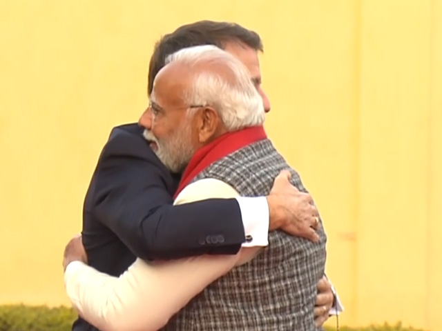 PM Modi Meets French President Emmanuel Macron With A Hug In Jaipur