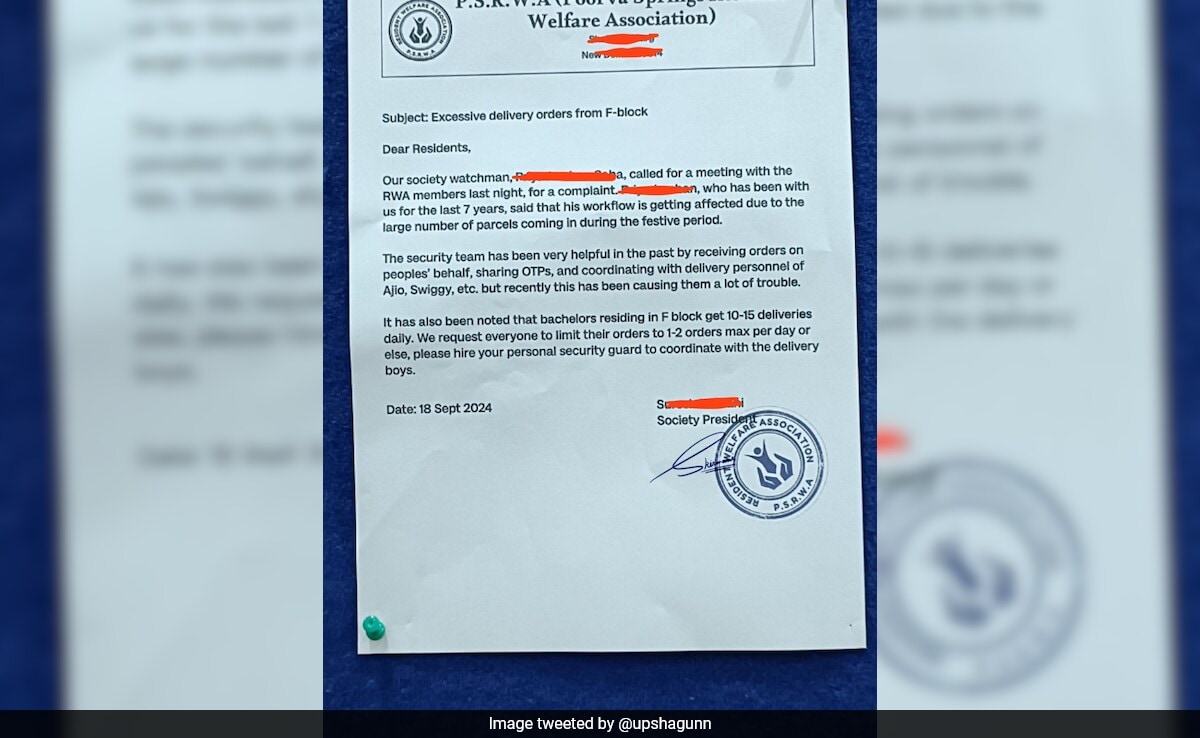 Delhi Housing Society's Letter To Residents Over "Too Many Parcels ...
