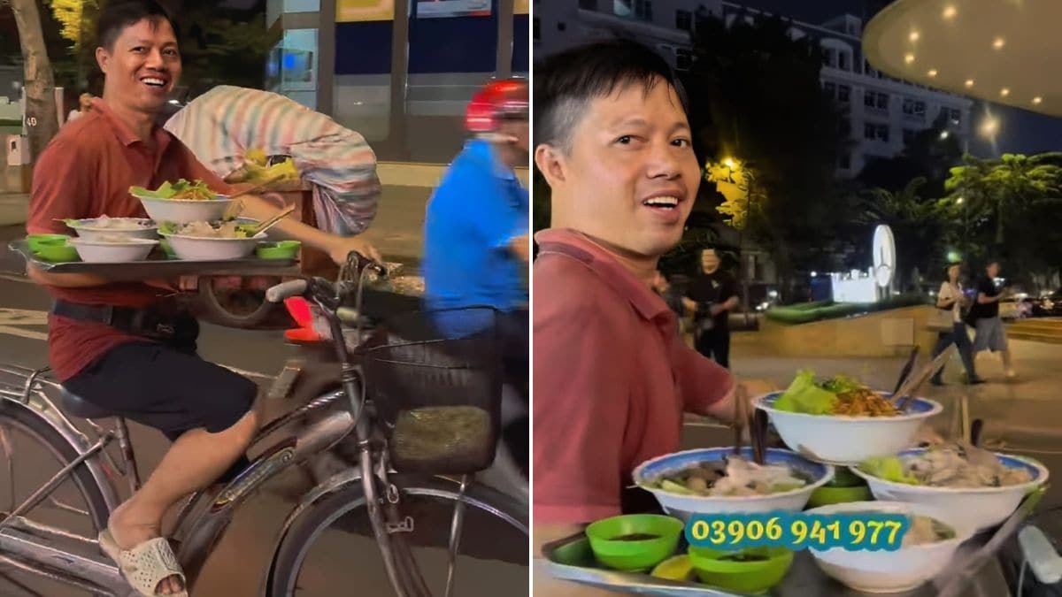 Watch: Street Vendor Rides Bike One-Handed While Balancing Five Bowls Of Soupy Noodles - NDTV Food