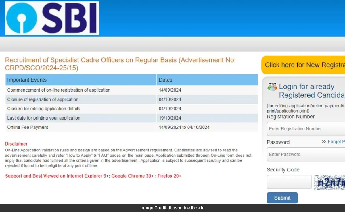 SBI Specialist Cadre Officer SCO Recruitment 2024 Date: Registration ...