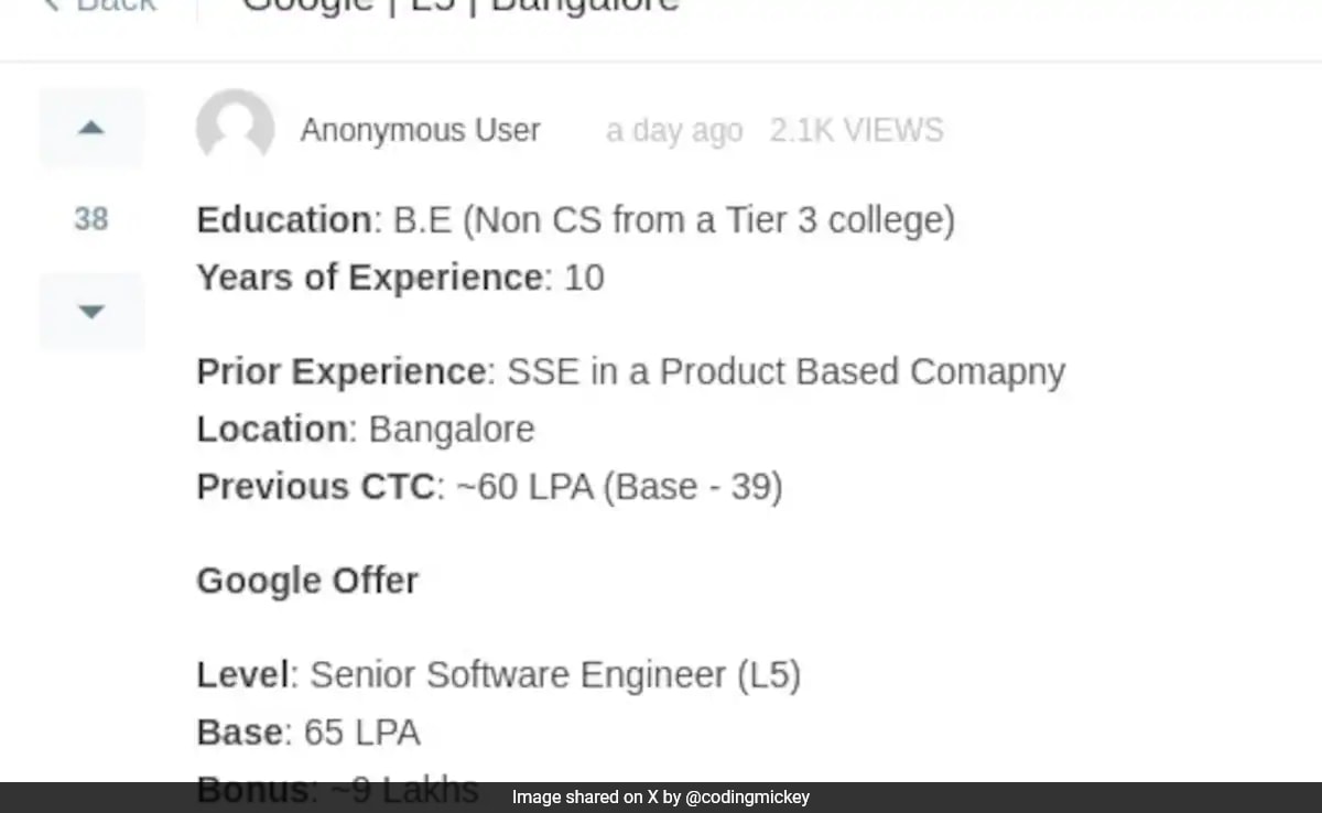 Bengaluru Engineer's Rs 65 Lakh Salary Package With Google Sparks ...