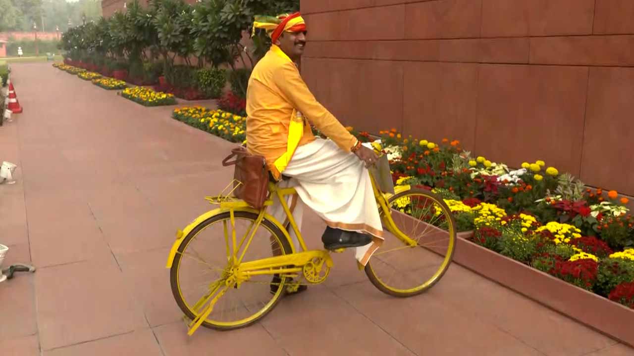 TDP MP Arrives At Parliament On His Cycle Amid Pollution In Delhi