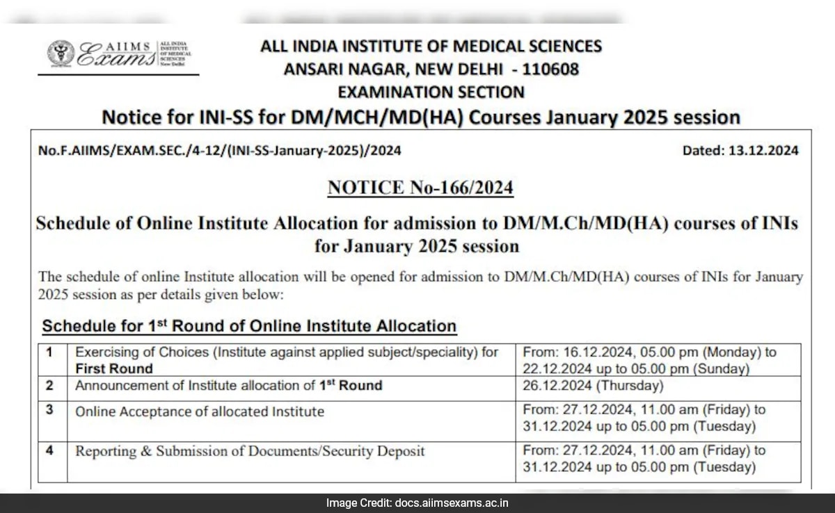 AIIMS INI-SS January 2025 Counselling Schedule Released, Check Details