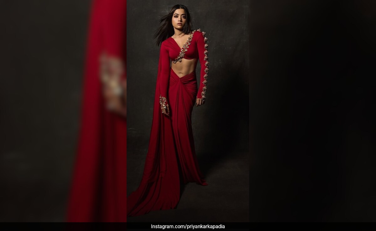 Chhaava Actress Rashmika Mandanna's Contemporary Pre-Stitched Red Saree ...