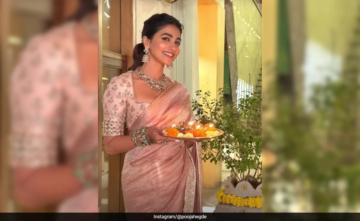 Pooja Hegde Is Pretty In Pink For Pongal 2024 In A Blush Toned Raw Silk ...