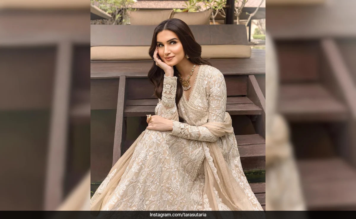 Tara Sutaria Goes Ethnic Chic This Spring In A Beige Floral Angrakha Set