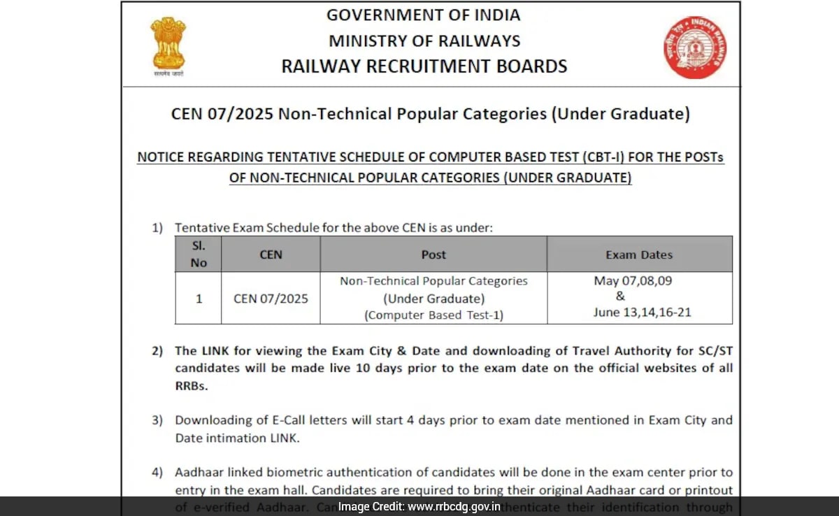 RRB NTPC Undergraduate Exam 2026 Dates Out, Download Official PDF Here