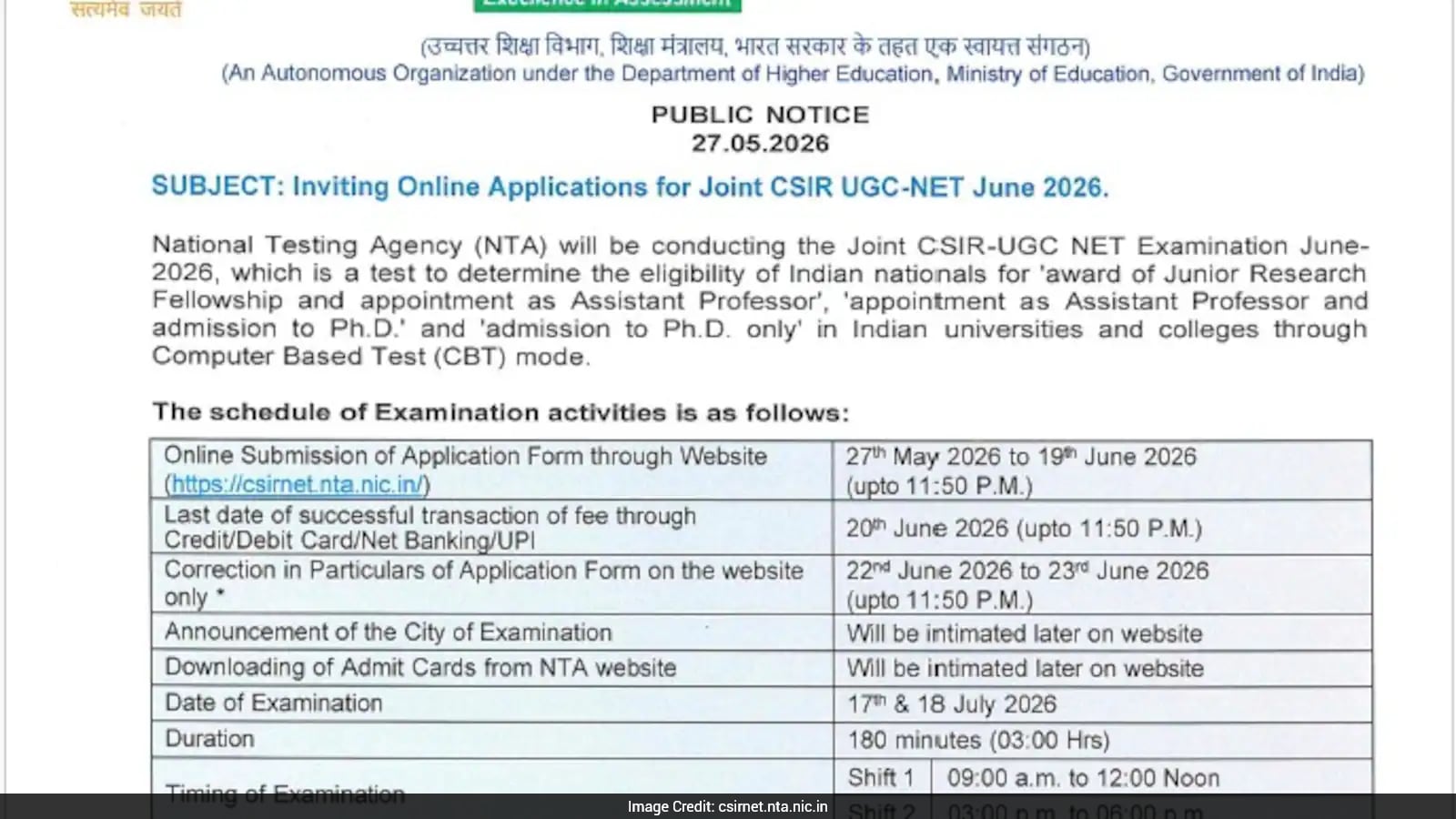 CSIR UGC-NET June 2026 Registration Starts; Exam On July 17-18