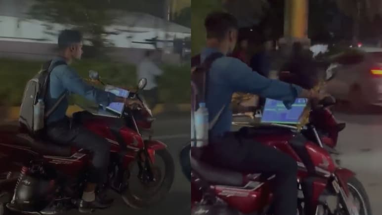 'Work From Bike': Hyderabad Man Spotted With Laptop On Fuel Tank Of ...